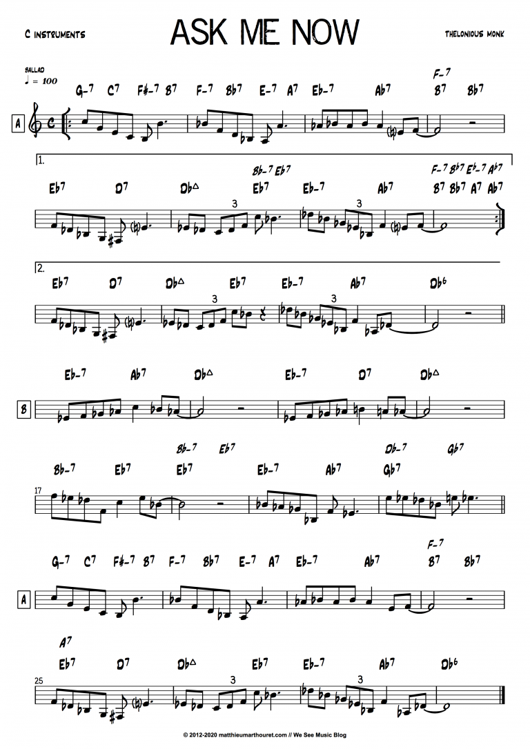 Thelonious Monk, "Ask Me Now" - WeSeeMusic Blog - jazz lead sheet